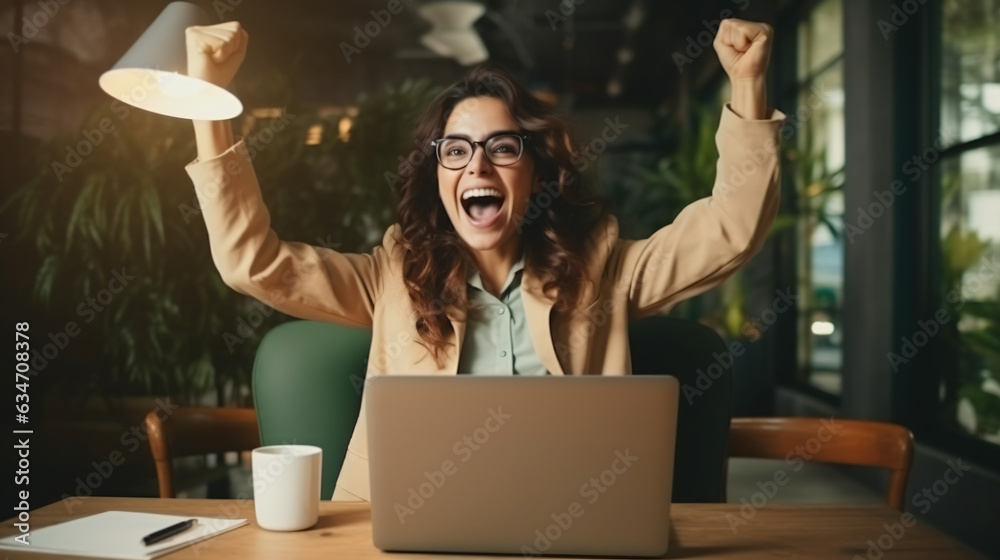 Foto de Ecstatic woman sits at a desk, overwhelmed with joy ...