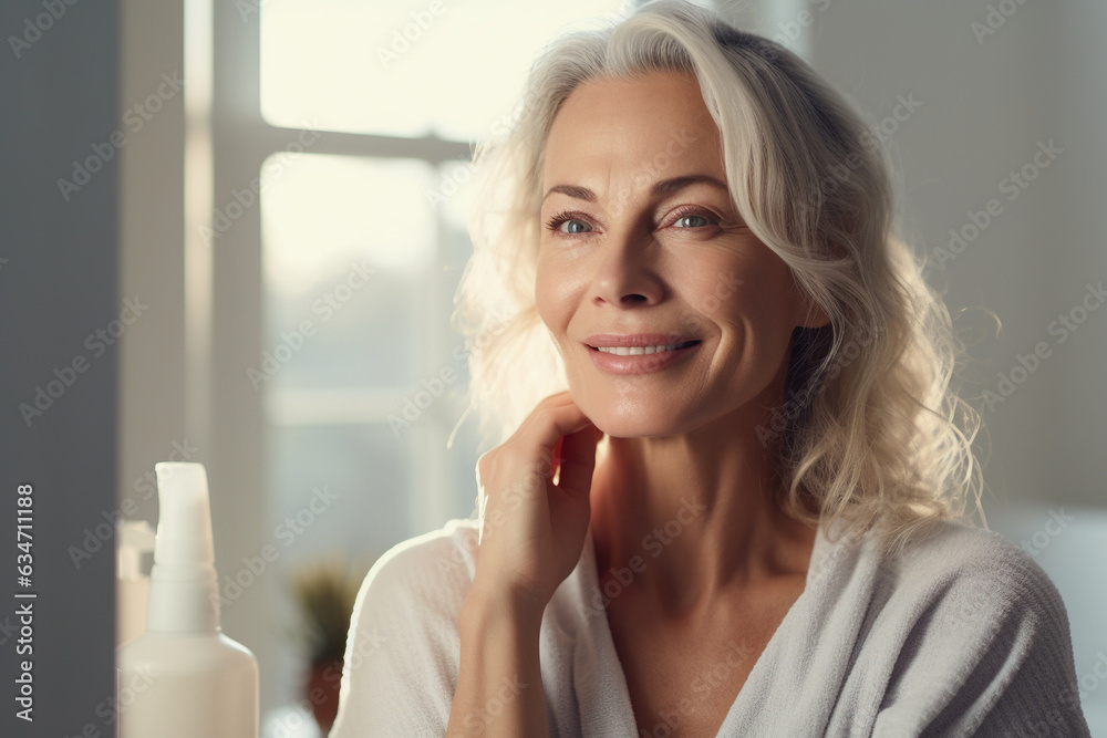 Headshot of gorgeous mid age adult 50 years old blonde woman standing ...