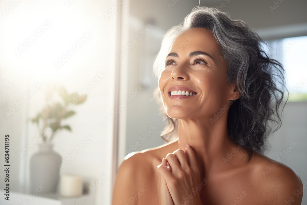 Headshot of gorgeous mid age adult 50 years old Latin woman standing in ...