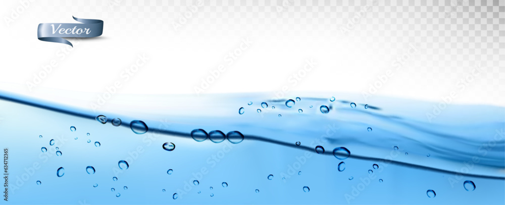 Transparent water waves with air bubbles and sunbeams on transparent ...