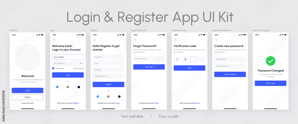 Login and Register App UI Kit. Sign Up and Sign In forms. Forms page for mobile app. Vector ...