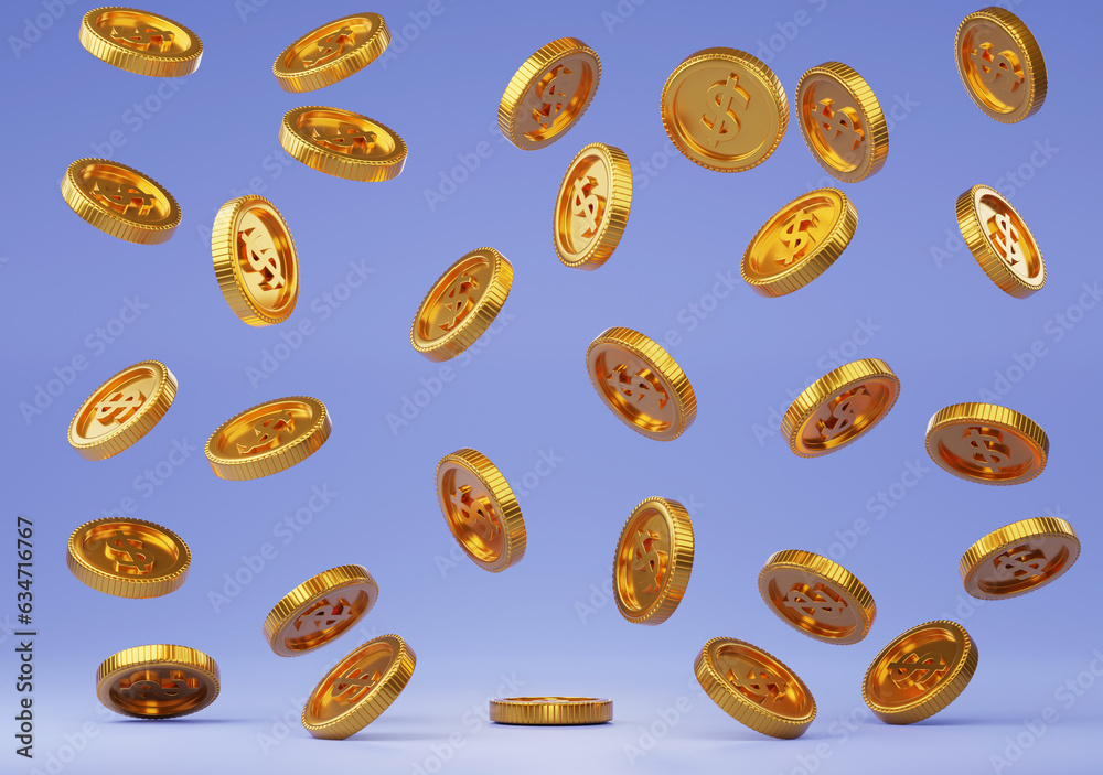 gold coin floating or coin falling down 3D render minimal background ...