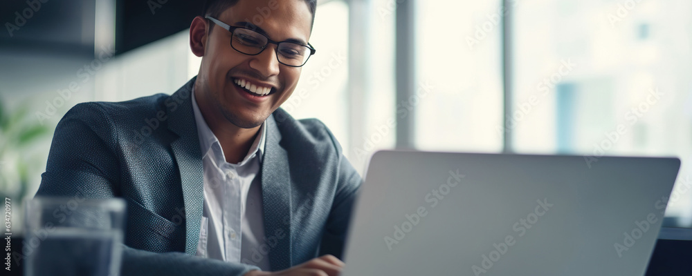 Professional male employee or a businessman using a laptop in a modern ...