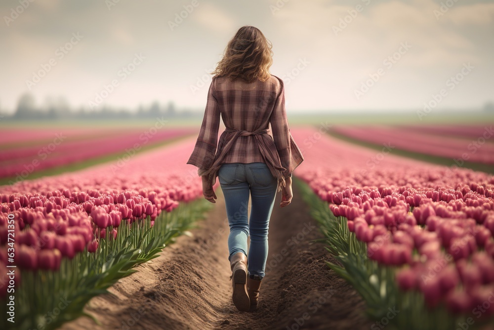 Ephemeral Moments: Young Woman's Journey Amidst Vivid Tulip Fields of ...