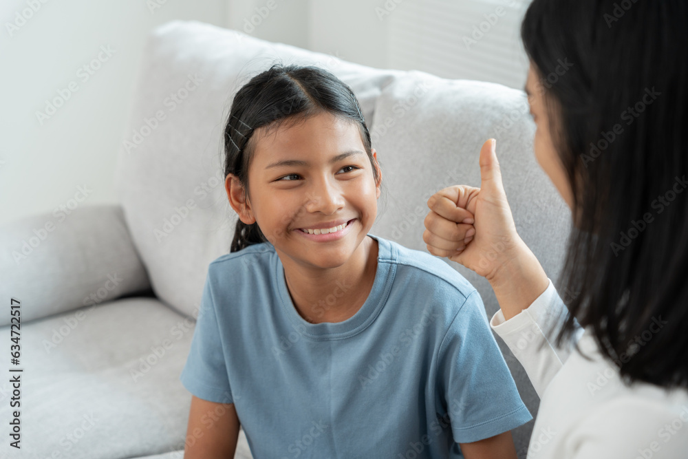 Mother teaching lesson for daughter. Asian young little girl learn at ...