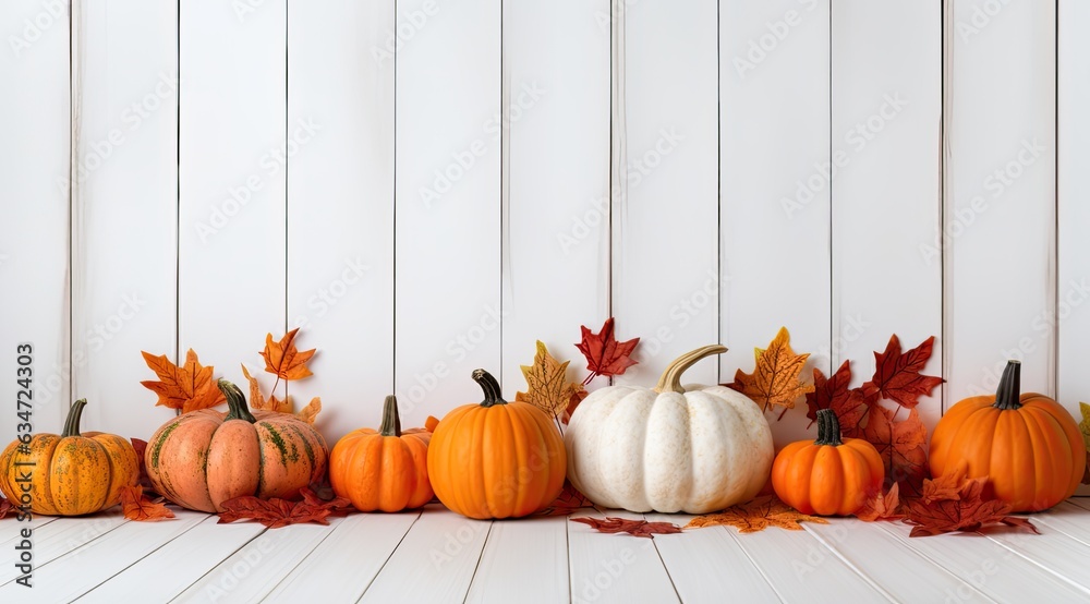 Festive autumn decor from pumpkins, berries and leaves on a white ...