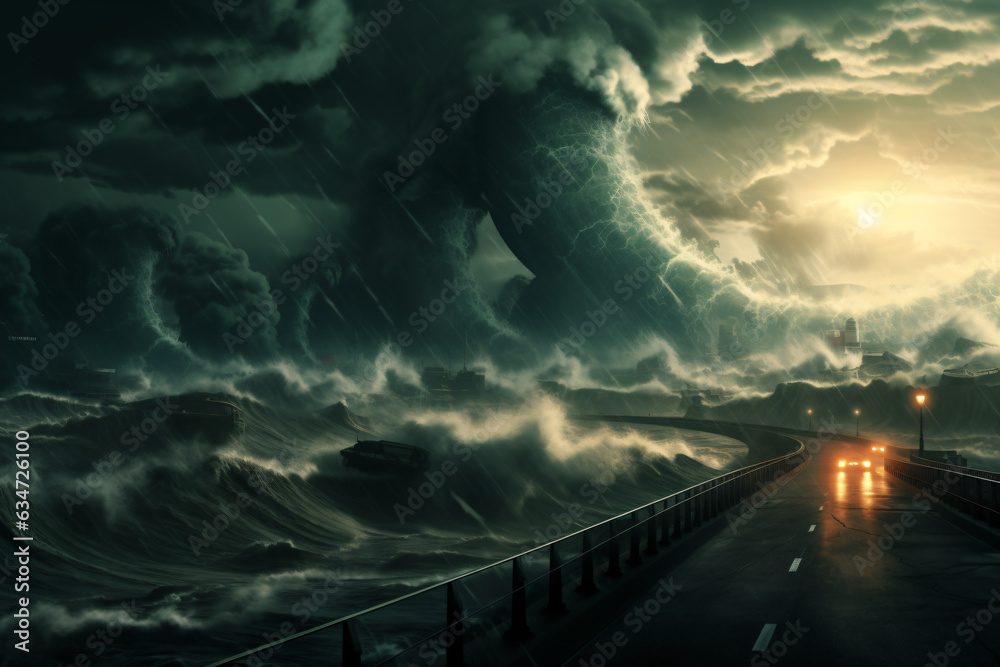Apocalyptic dramatic backdrop with giant tsunami waves, a dark and ...