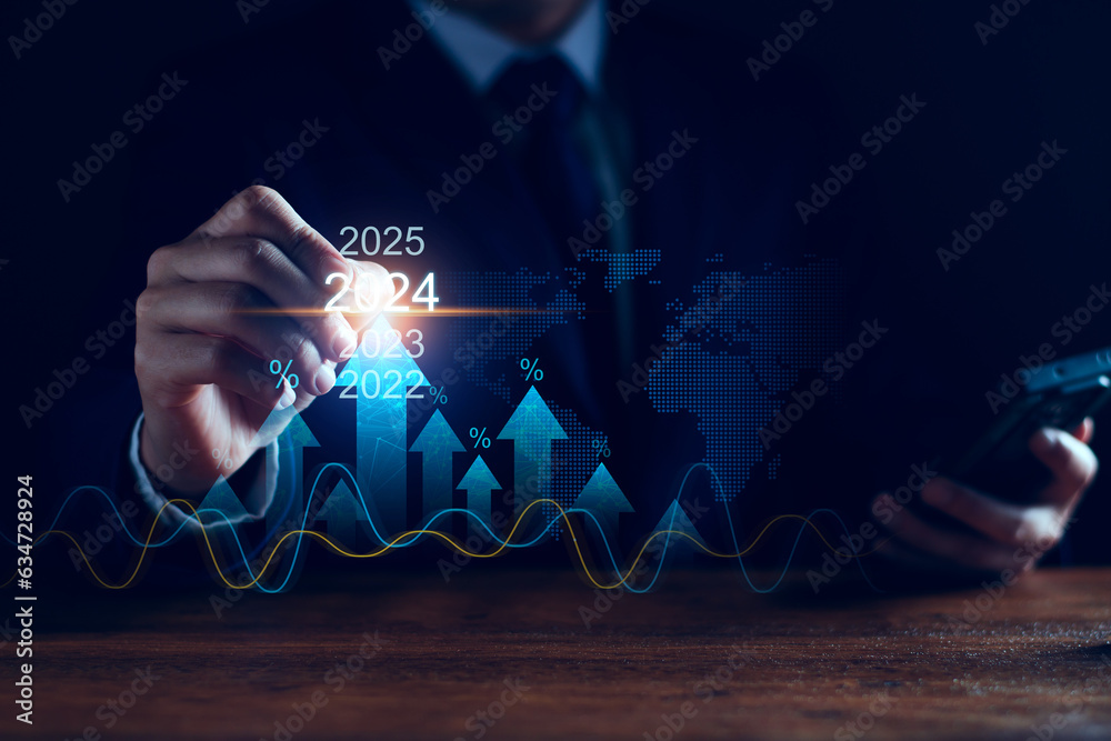 Interest rate and dividend concept. Businessman with percentage symbol ...