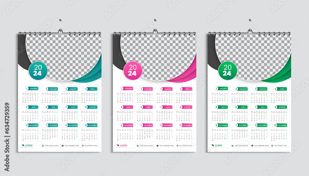 Wall calendar 2024 design template bundle, week starting from Monday ...