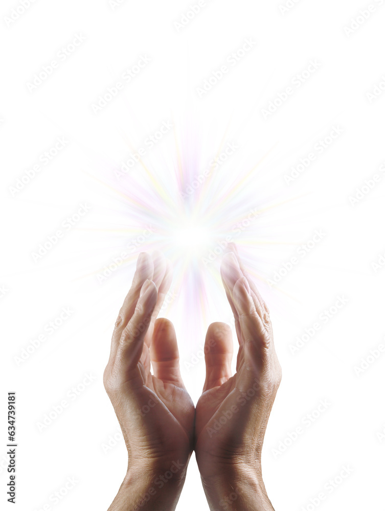 Mature male Reiki Master healer with cupped hands and a bright energy ...