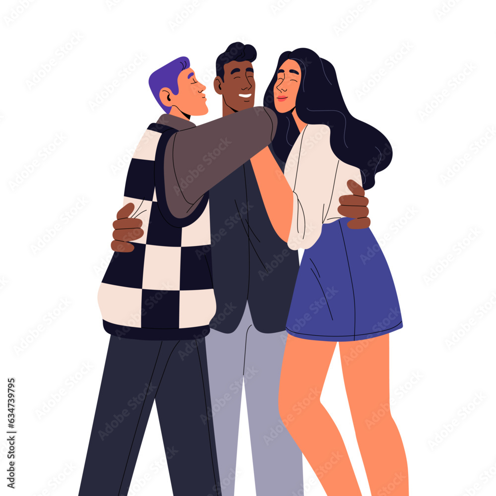 Polyamory love partners. Bisexual men and woman hugging, kissing ...