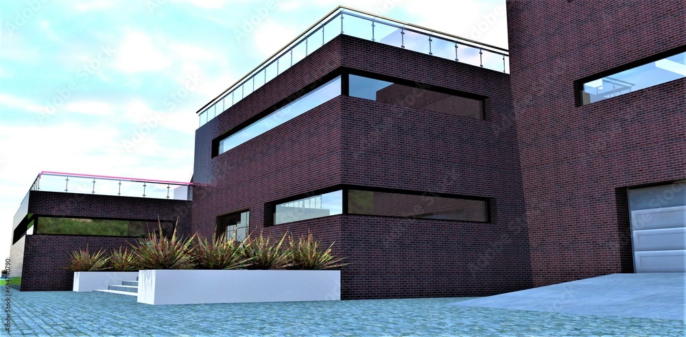 A stylish exterior adorned with red brick. Narrow, elongated windows. A ...