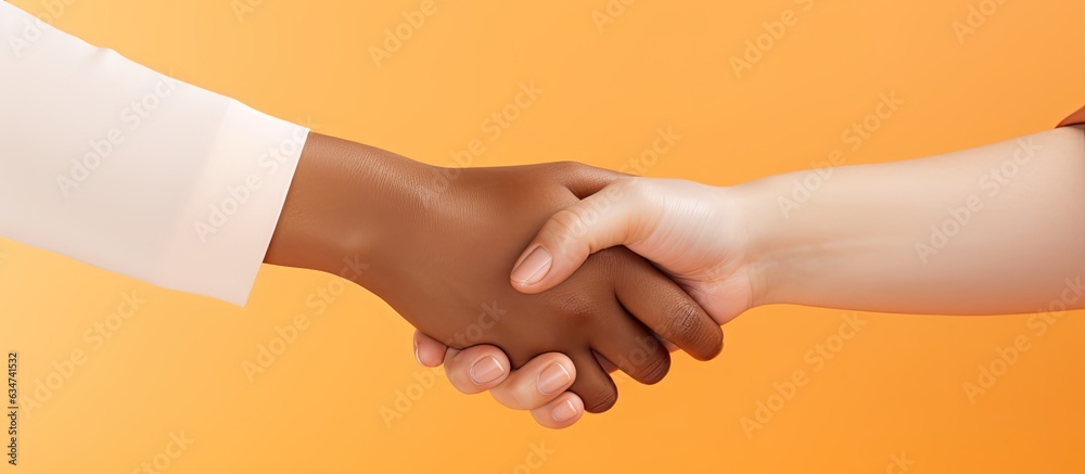 Caucasian woman with handshake gesture on orange background ...