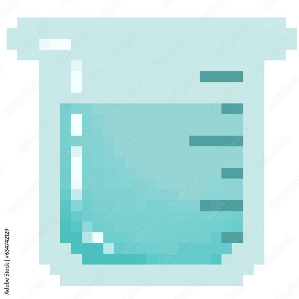 Isolated cute glass beaker with blue potion mixture in pixel art and ...