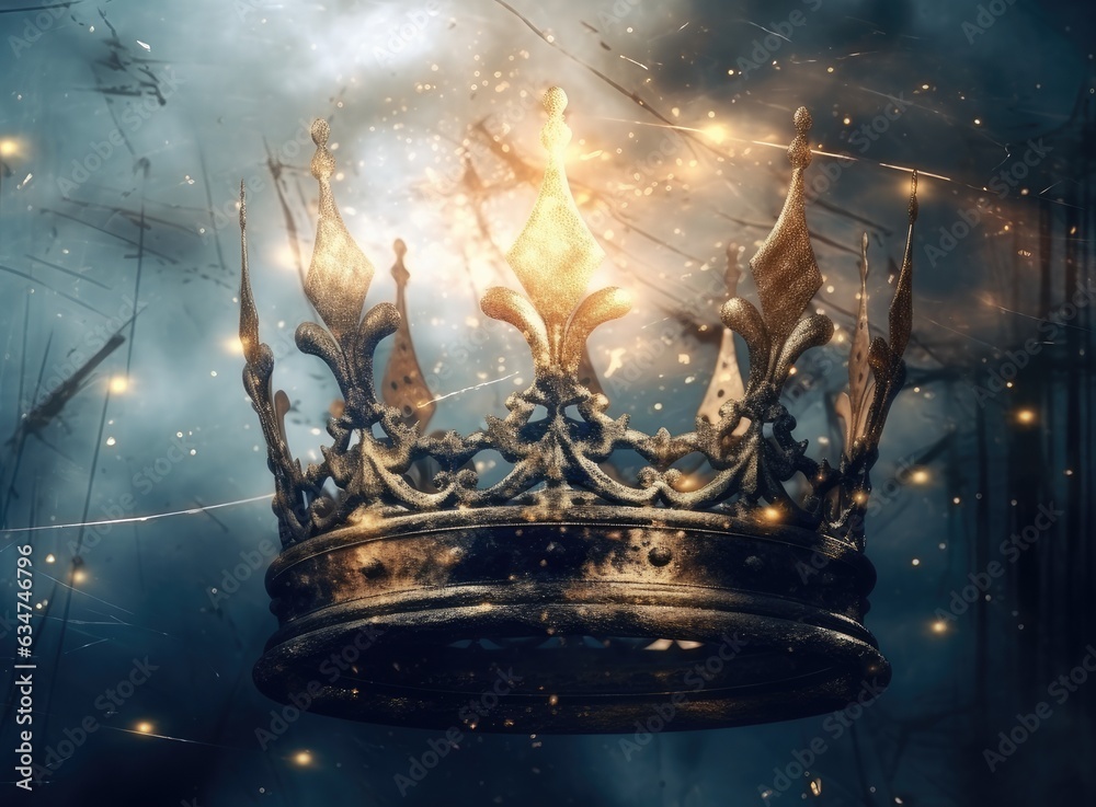 mysteriousand magical image of woman's hand holding a gold crown over ...