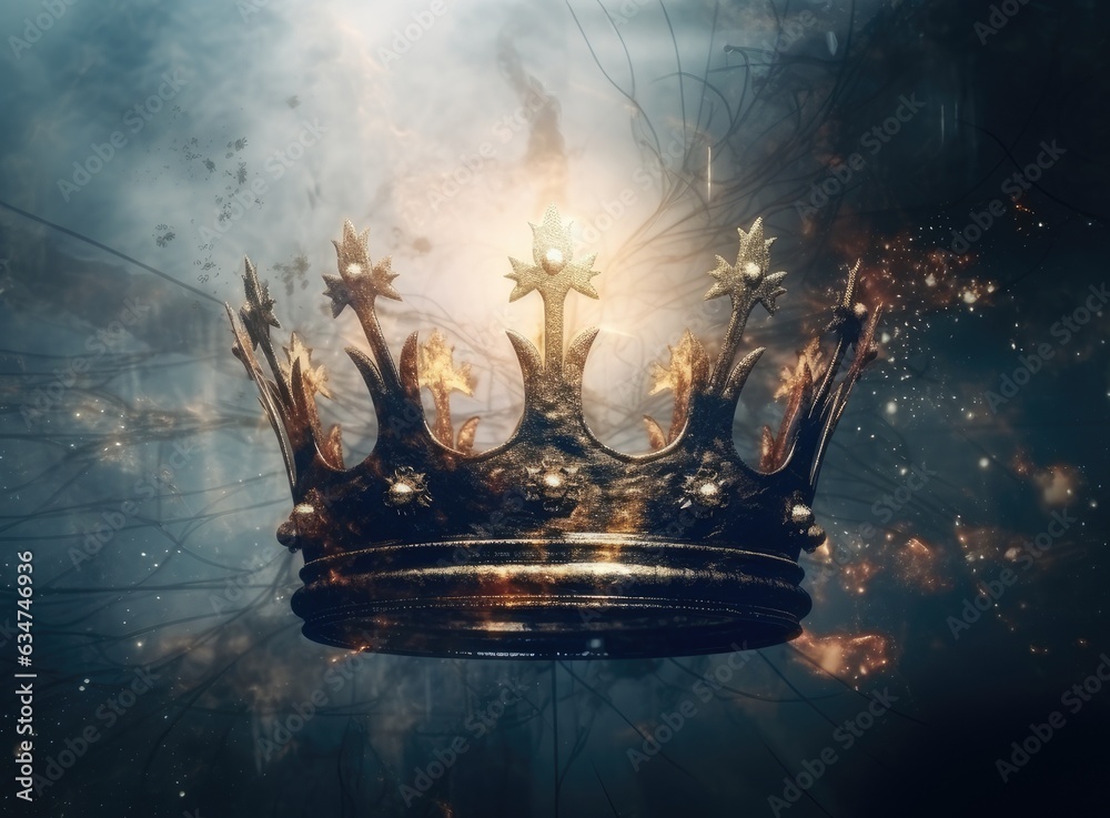 mysteriousand magical image of woman's hand holding a gold crown over ...