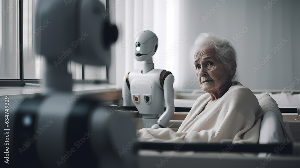 Elderly care robot in intelligent hospital. Concept AI artificial ...