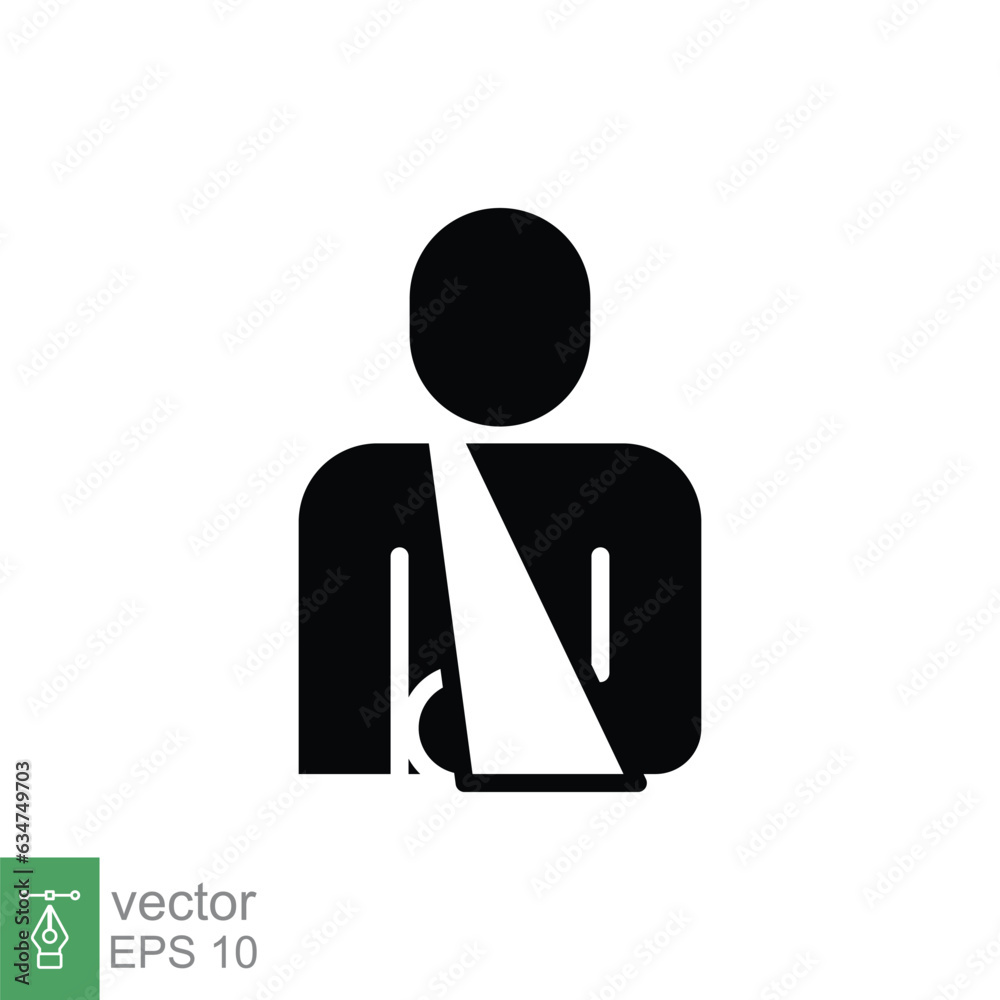 Injured man in bandage icon. Simple solid style. Broken arm, patient ...