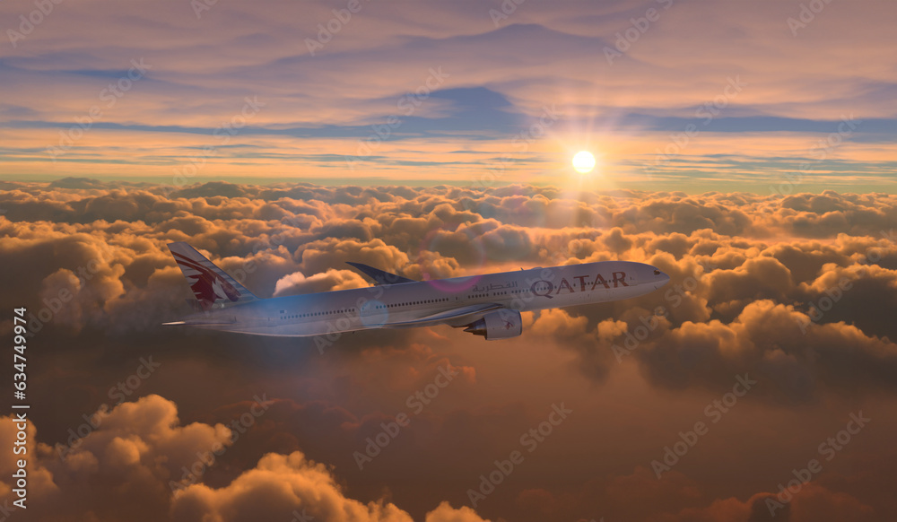 Foto de Boeing 777 Qatar Airways flying over the amazing sunset, 14 Aug, 2023, Doha, Qatar do ...