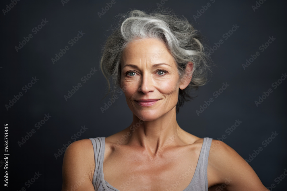 Portrait of adult smiling active woman in age of 50s on dark grey ...