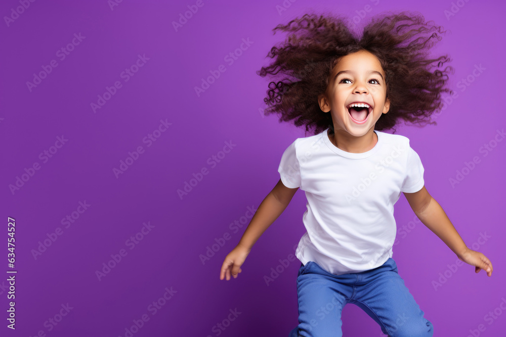 Beautiful Happy Child Jumping On Purple Background. Parents Bonding ...