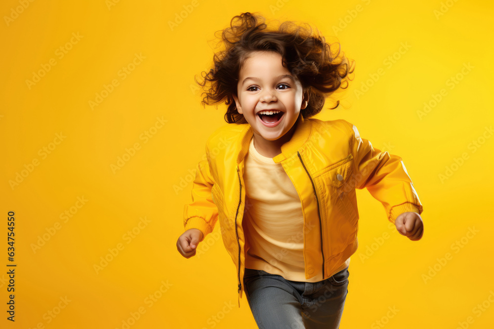Little Girl In Yellow Jacket Jumping In The Air. Jumping For Joy ...
