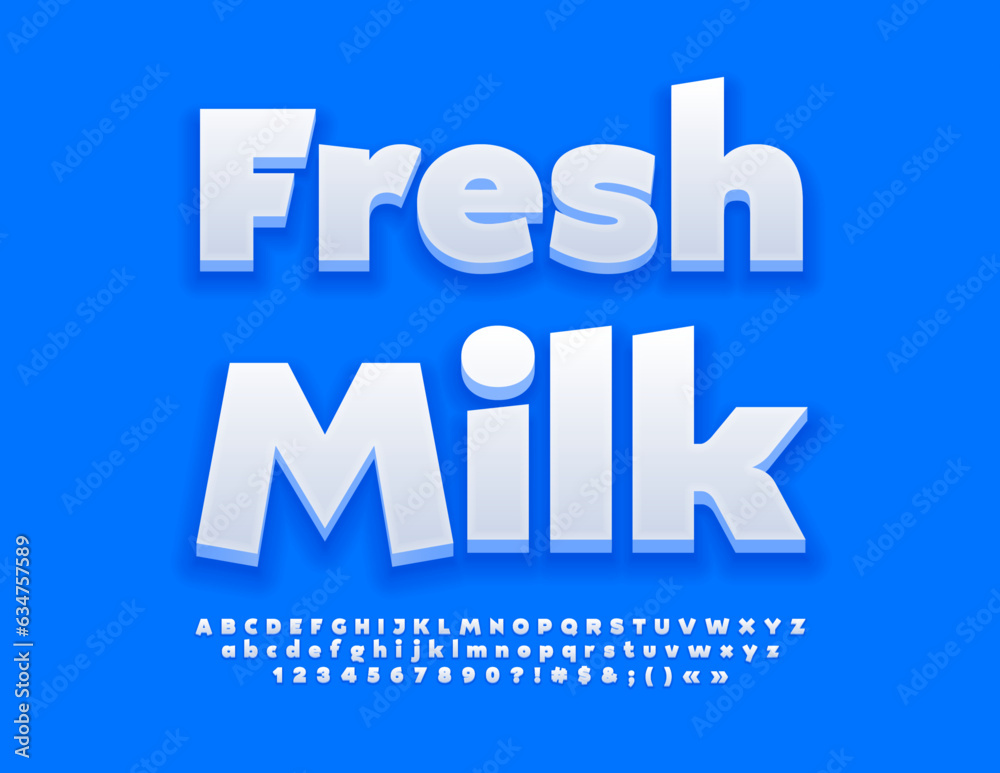 Vector advertising sign Fresh Milk. Modern 3D Font. Bold White Alphabet ...