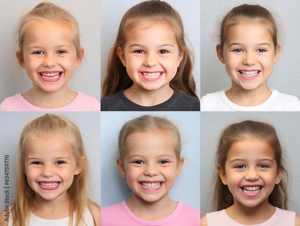 Set happy smiling faces of kids. Happy child girls expressing different ...