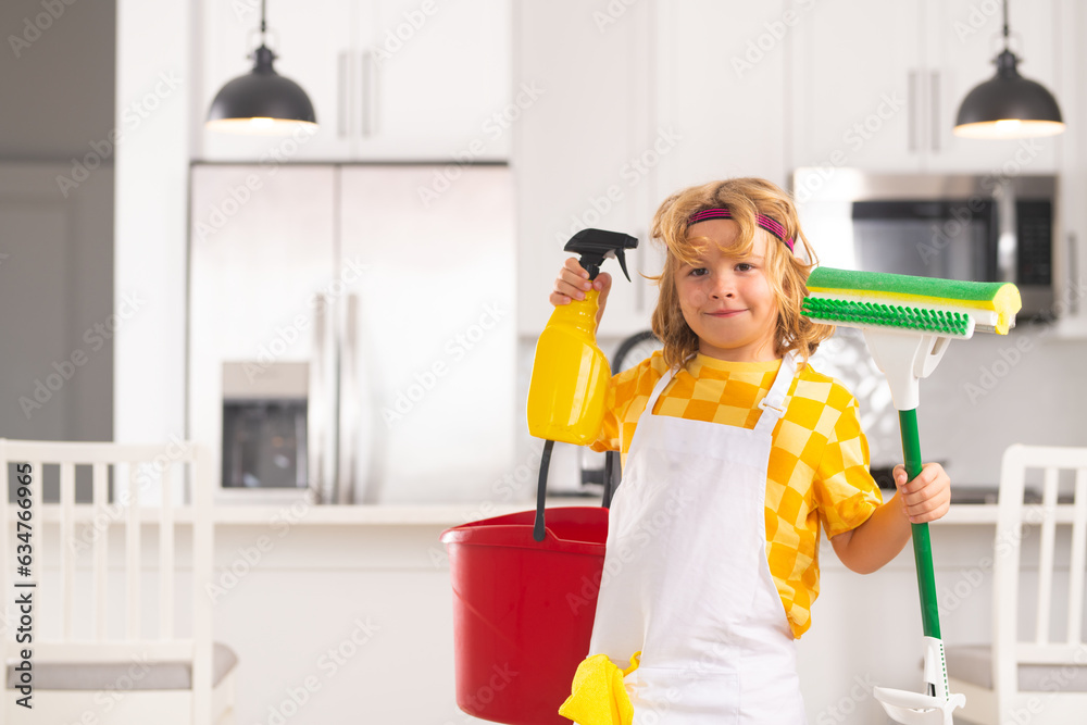 Child cleans at home concept. Kid cleaning with mop to help with ...