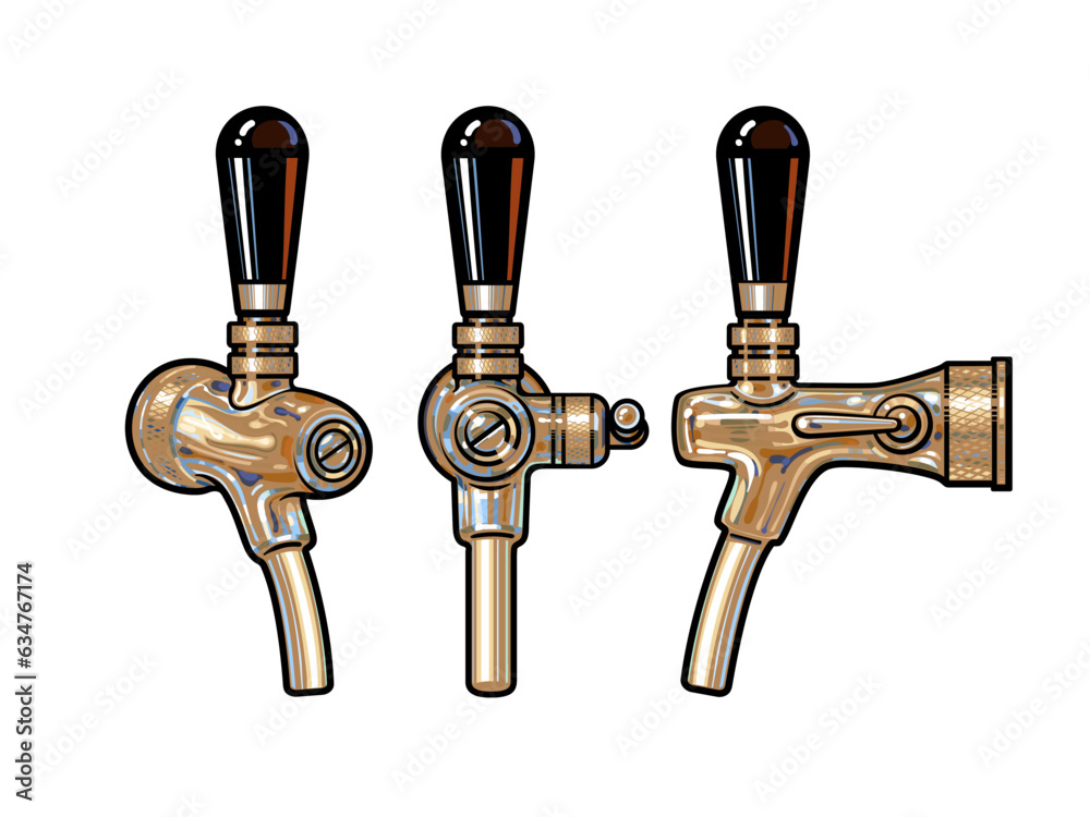 Beer tap front, side and three quarter view. Hand drawn vector ...