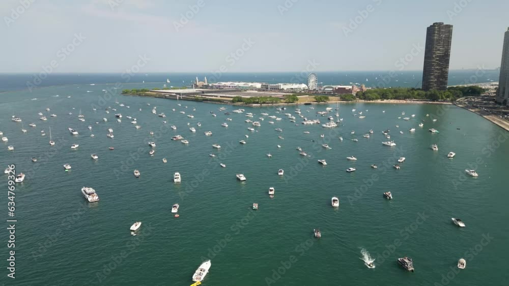 Drone Footage of Chicago skyline and lakefront with busy traffic and ...