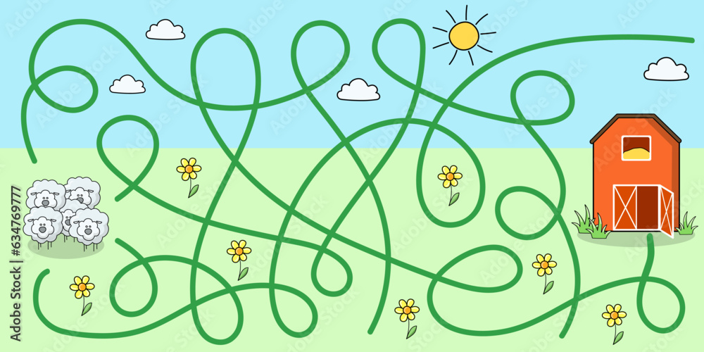 Help the sheep get into the barn. Maze game for children's activity ...