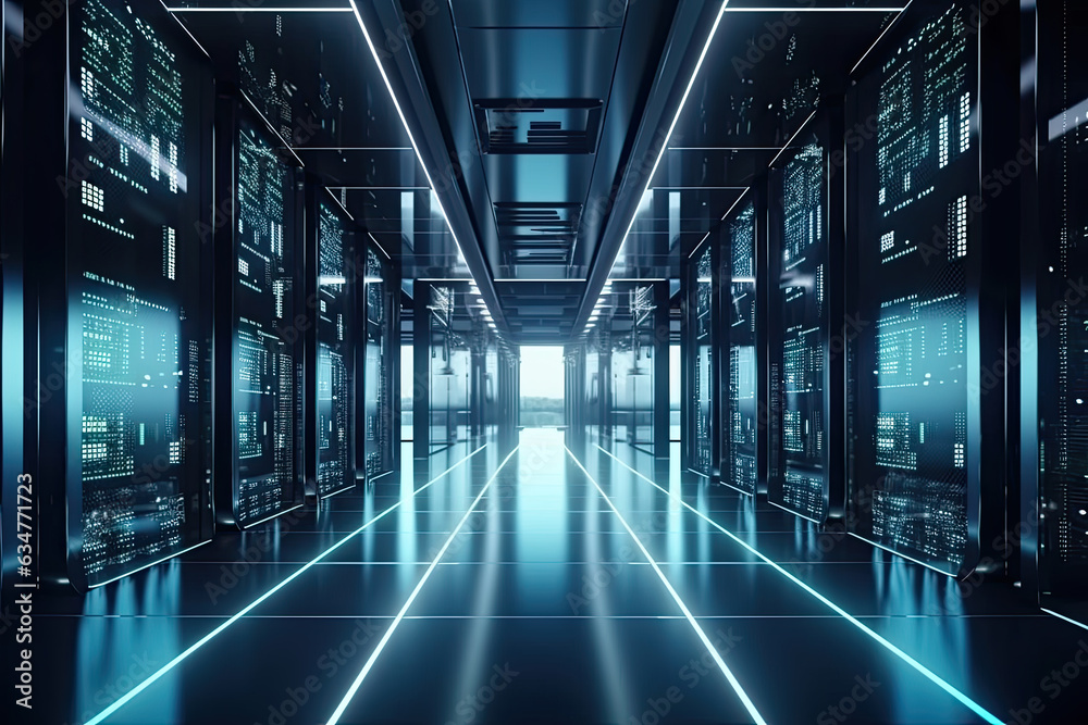 Pathway packed with rack servers and supercomputers, ensuring peak ...