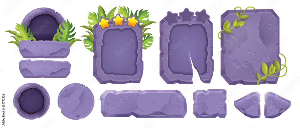 Stone UI game kit, vector jungle rock tablet set, medieval RPG cracked ...