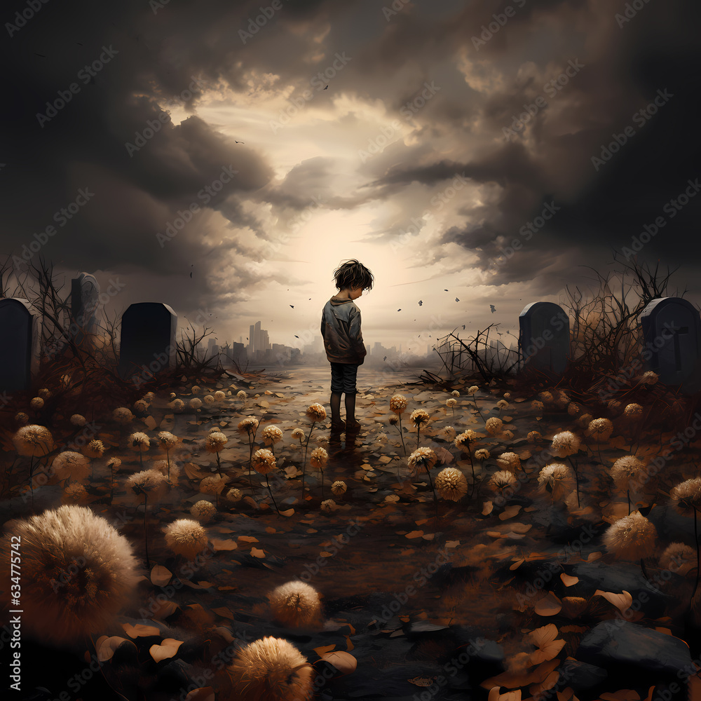 Lonely boy standing in a graveyard at night with flowers on the ground ...