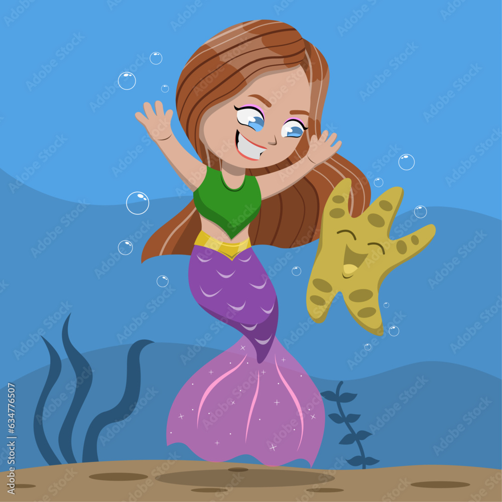 Vector De Sirena Sirena Con Estrella De Mar Ilustración De Linda Sirena Vector Infantil