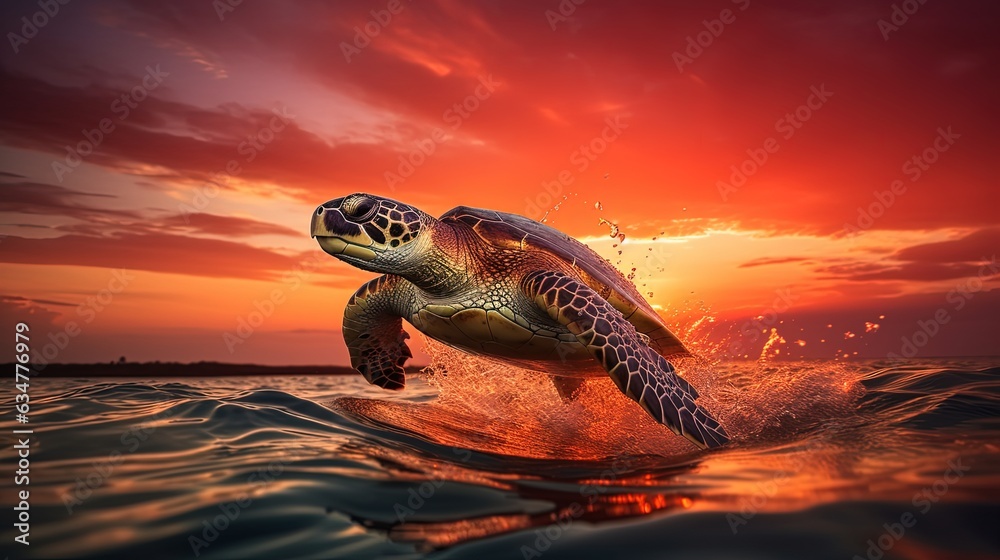 sea turtle jump off the sea water with water splash, Generative Ai ...