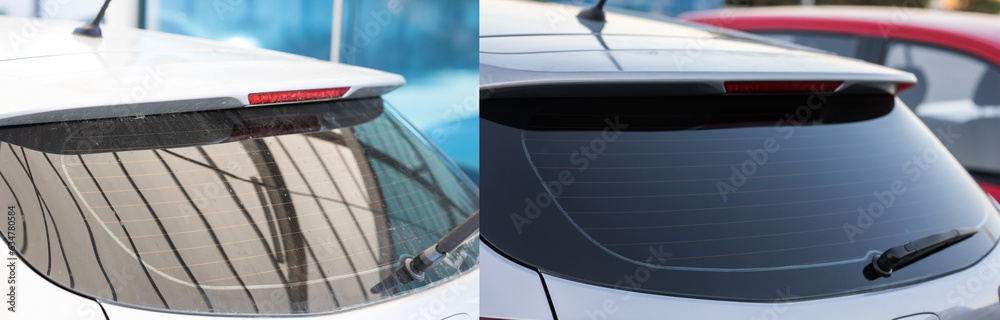 Collage before and after washing the car. Back view window hatchback ...