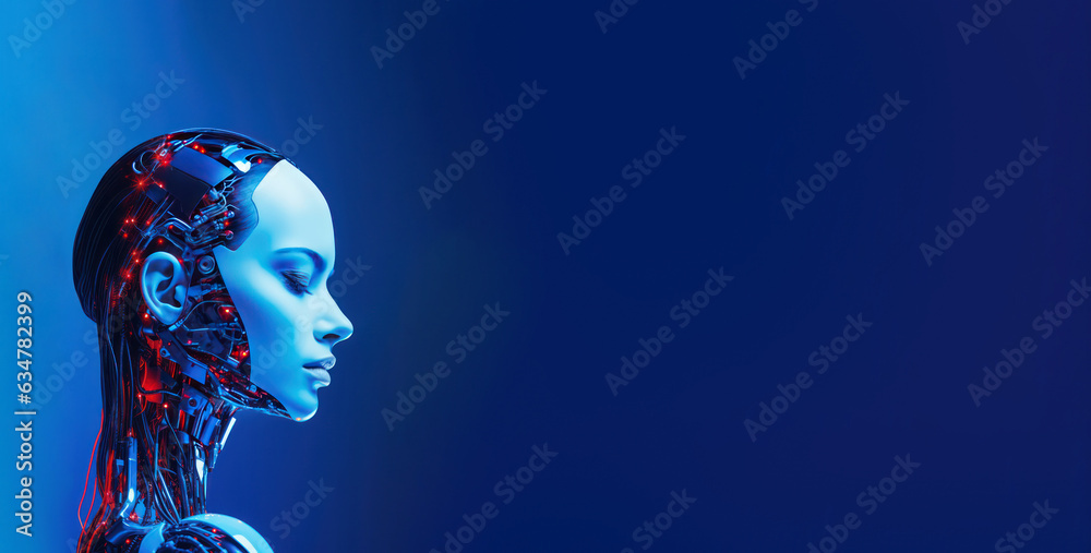Beautiful android robot woman profile closeup on blue neon background ...