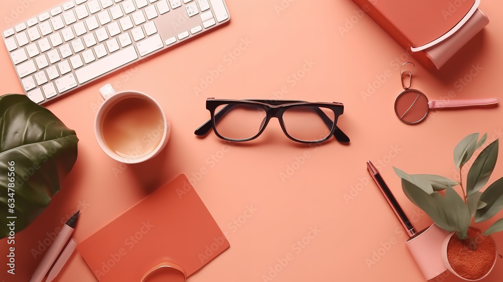 Office desk workspace and table background from top view above flat lay ...