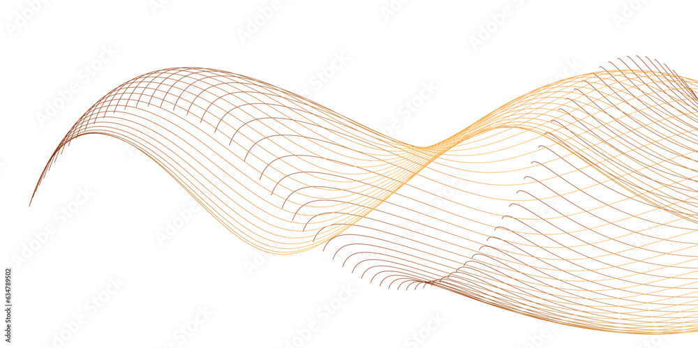 3d wavy gold lines swoosh on white background. Luxury beauty thin curves, swirl as stream flow ...