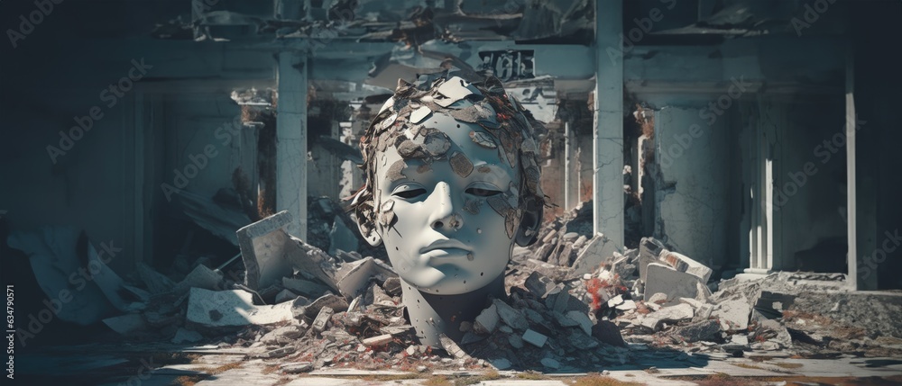 Female bust sculpture broken and cracked into shattered pieces, war ...