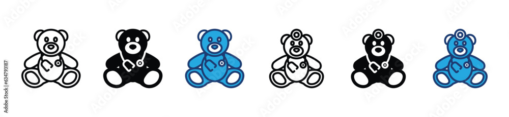 Pediatrician icons set. Pediatrics icon collection. Teddy bear using a ...