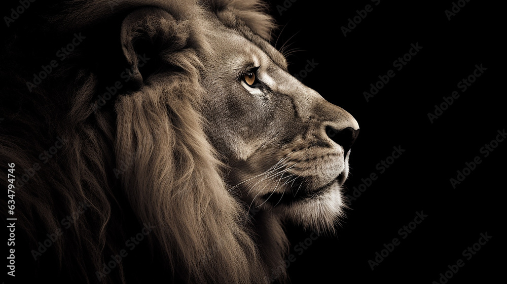 Beautiful lion profile portrait view isolated on black background ...