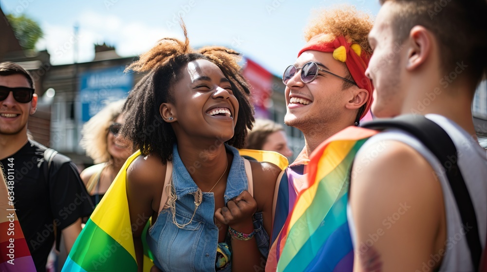Happy man and woman with hands raised holding rainbow flags while ...