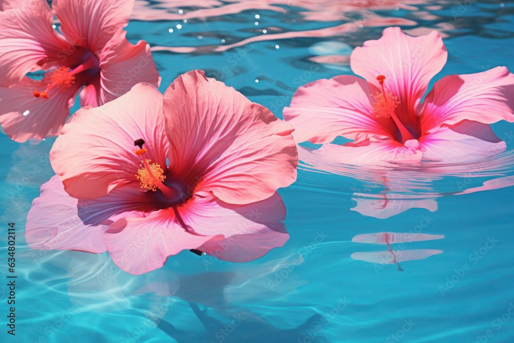 hibiscus flower in water. swimming pool and tropics. pink background on ...