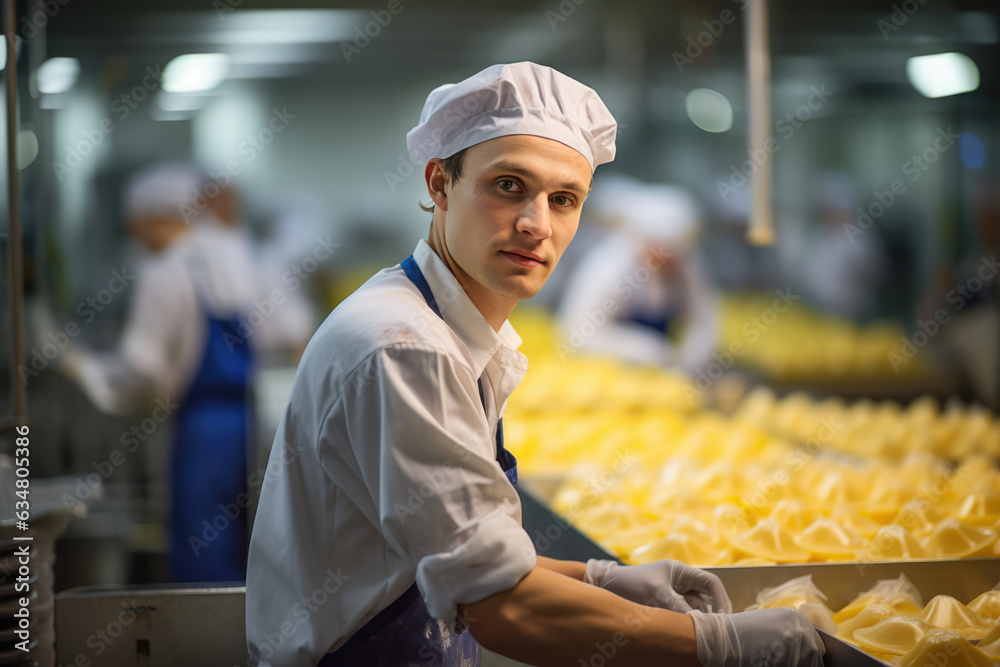 Worker In The Background Food Processing Plant. Food Safety Measures ...
