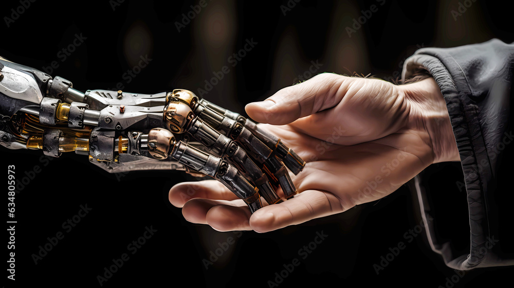robotic hand and a human hand meet, forging a connection between ...