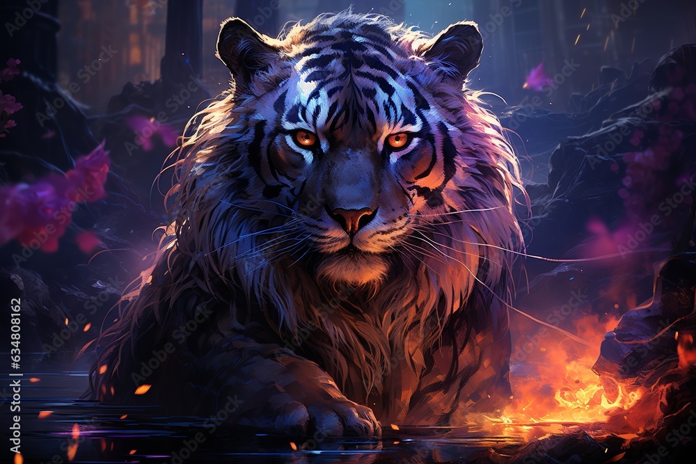 Neon Anime Magic. Dark Tiger in Enchanting Neon Sky. Vibrant Waters ...