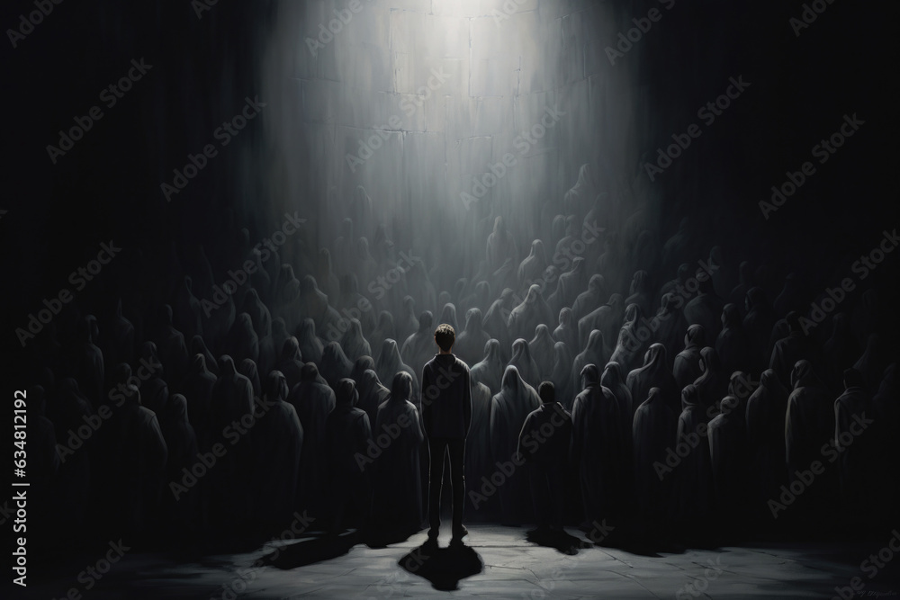Silhouette standing out from creepy crowd. Suffering of soul in other ...